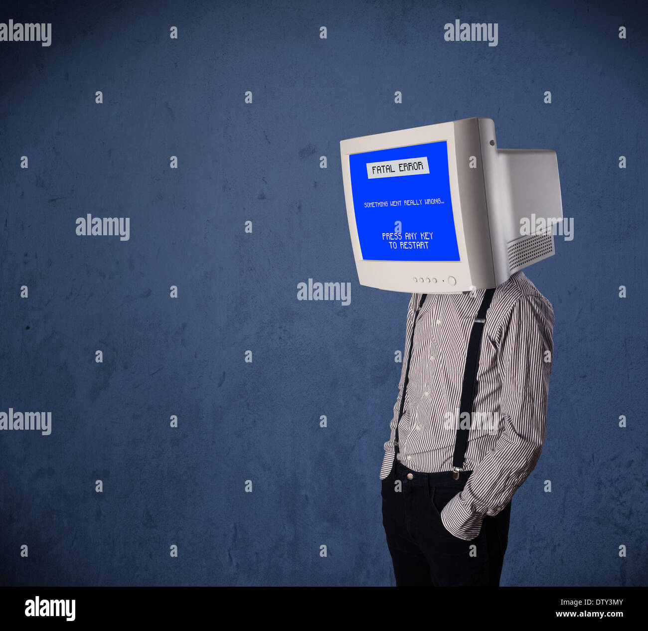 Person with a monitor head and fatal error blue screen on the display ...