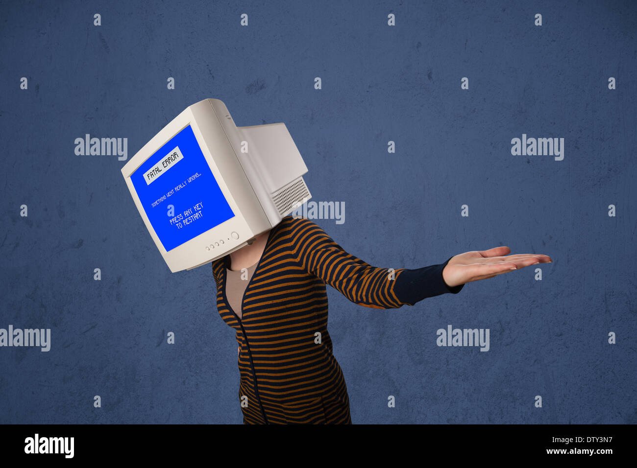Person with a monitor head and fatal error blue screen on the display ...