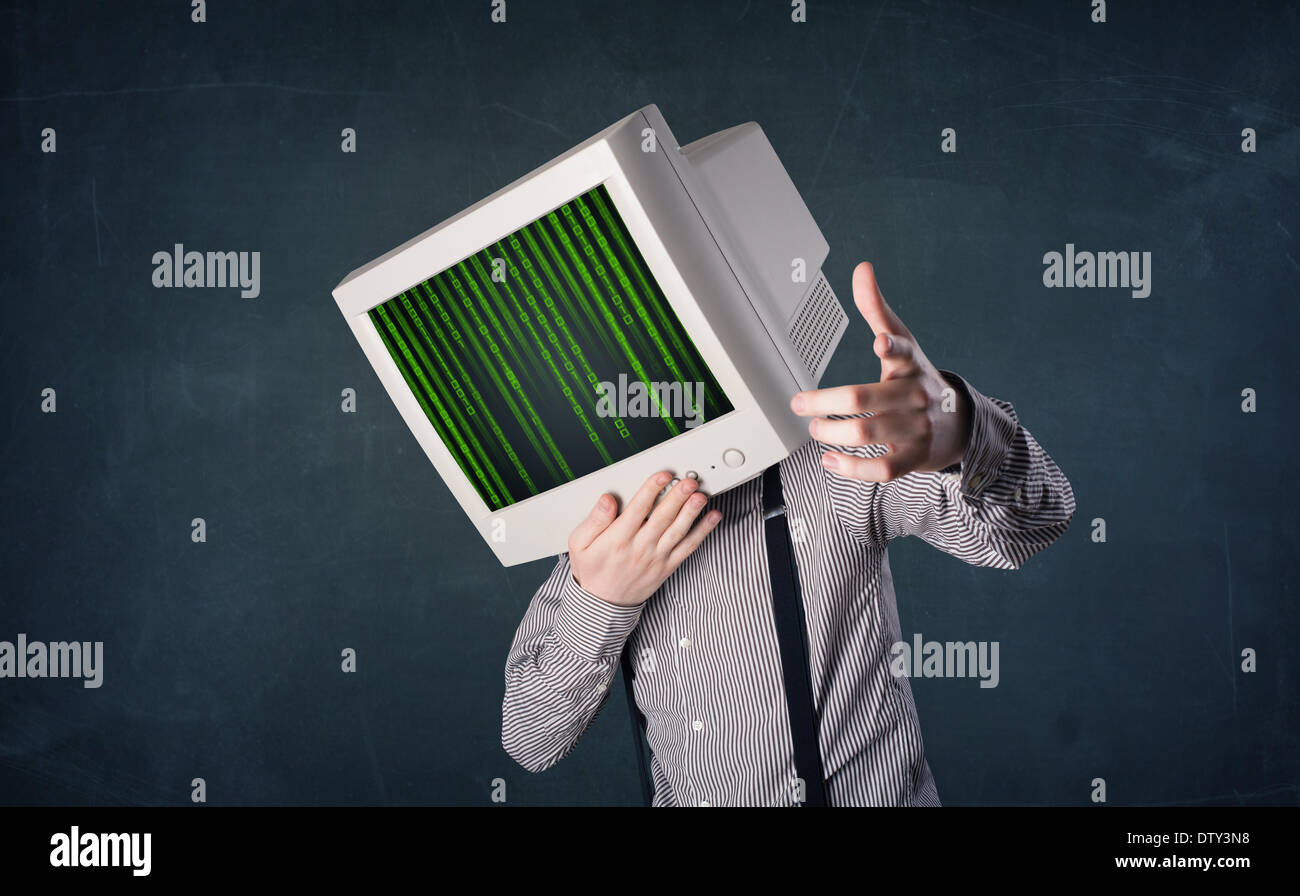 Cyber human with a monitor screen and computer code on the display ...