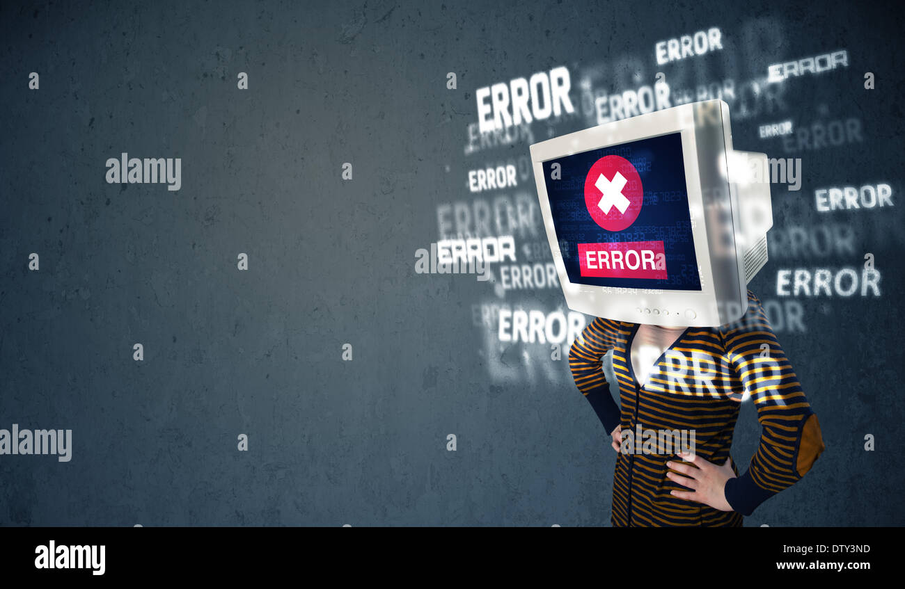 Female monitor head with error signs on the display screen Stock Photo ...