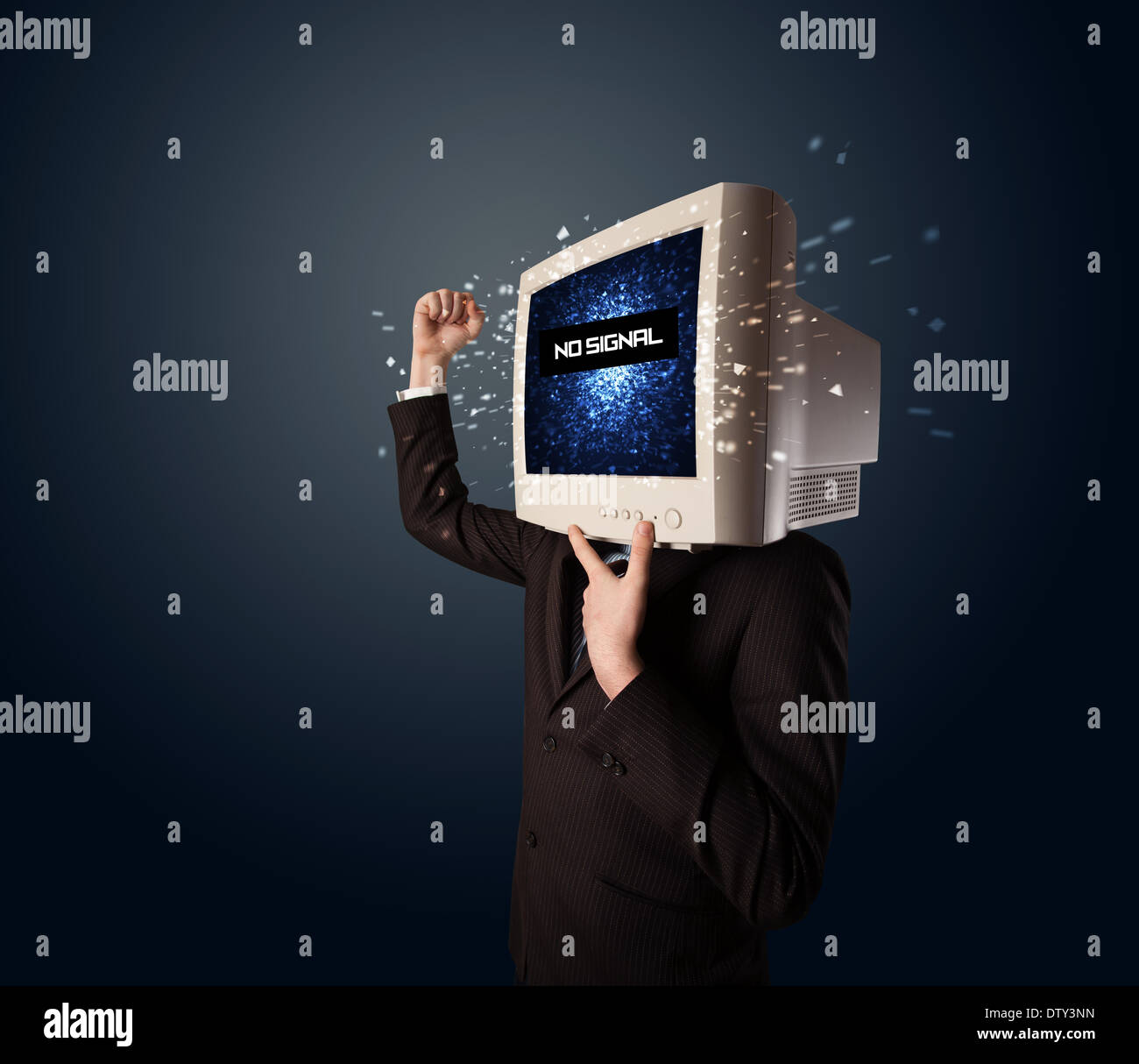 Man with a monitor head, no signal sign on the display Stock Photo - Alamy