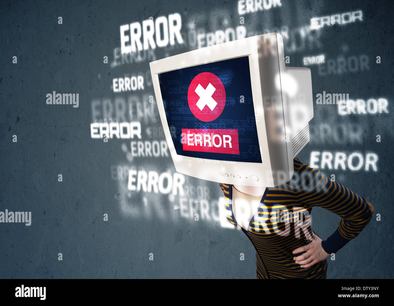 Female monitor head with error signs on the display screen Stock Photo ...