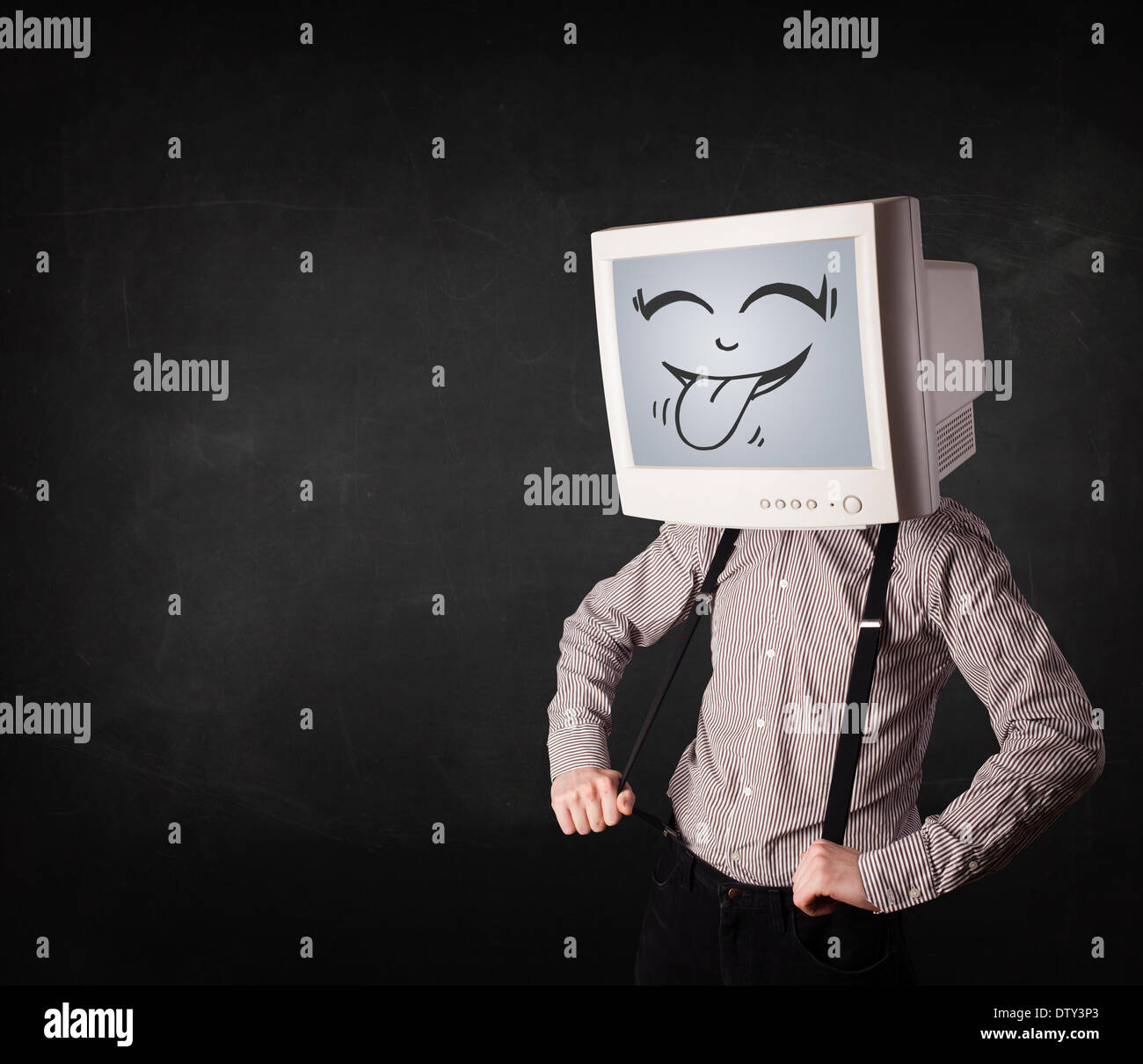Happy business man with a computer monitor and a smiley face Stock ...