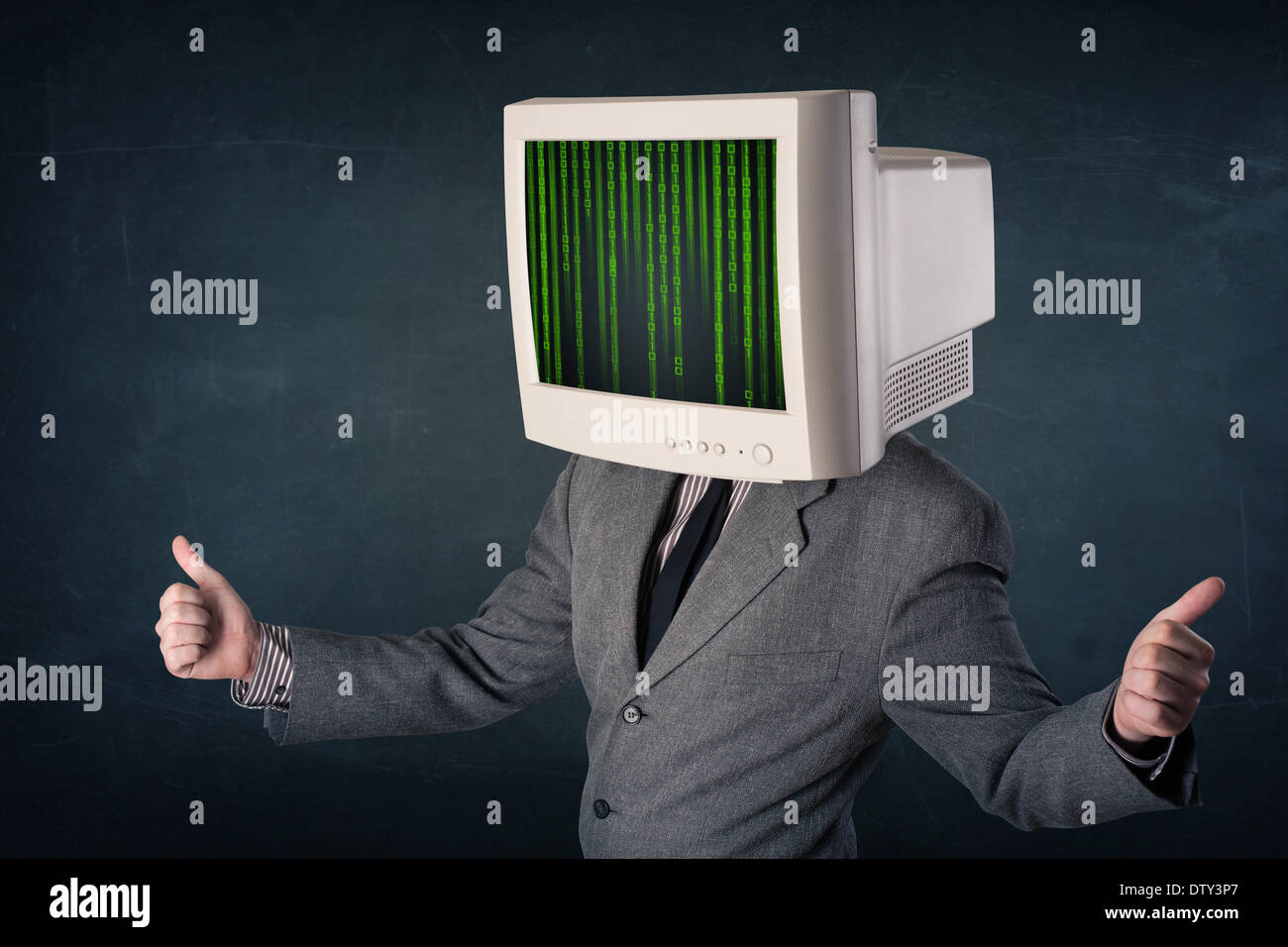 Cyber human with a monitor screen and computer code on the display ...