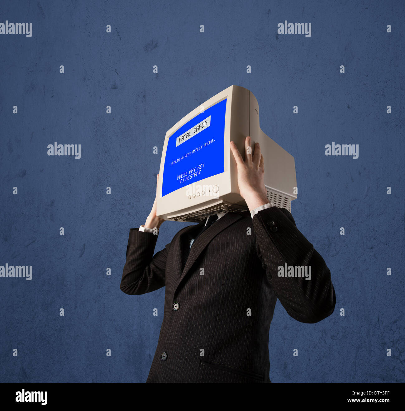 Person with a monitor head and fatal error blue screen on the display ...