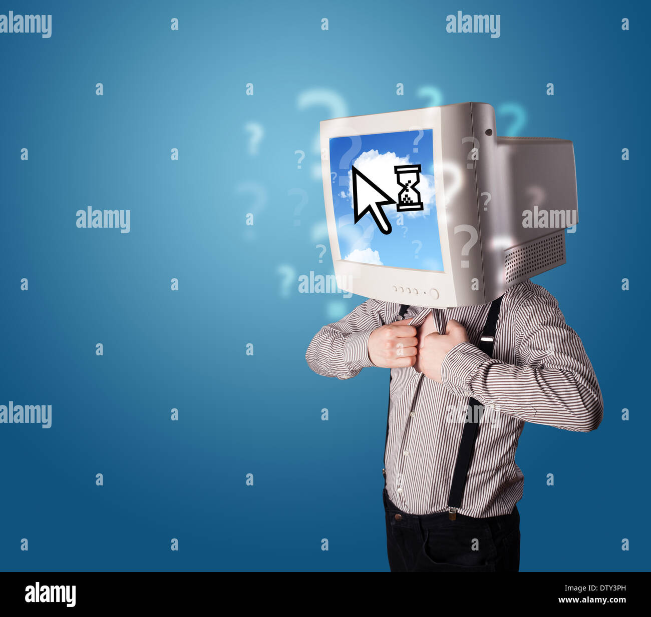 Person with a monitor head and cloud based technology on the screen ...