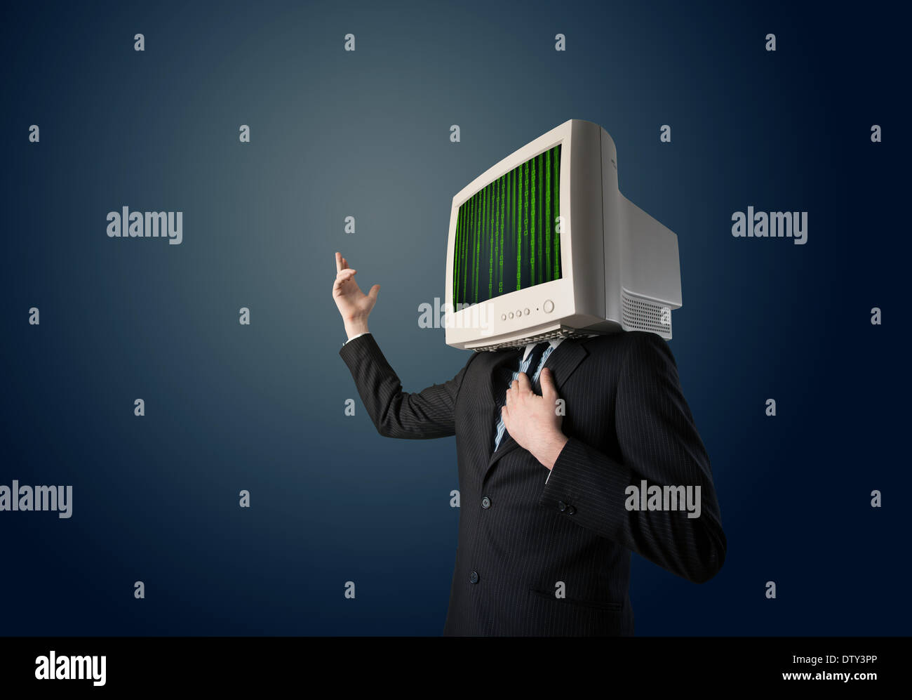Cyber human with a monitor screen and computer code on the display ...