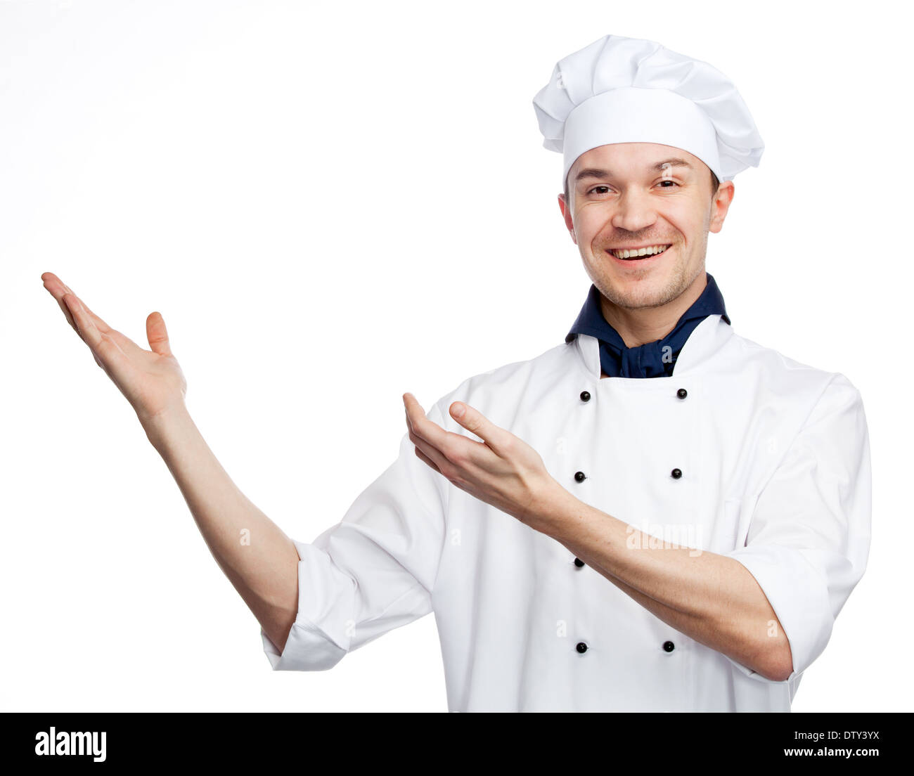 happy chef with welcoming gesture Stock Photo - Alamy