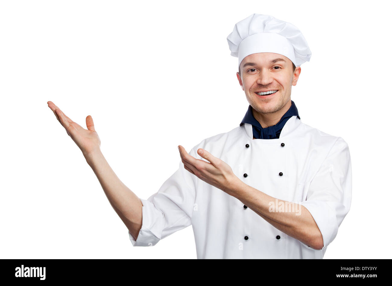 happy chef with welcoming gesture Stock Photo - Alamy