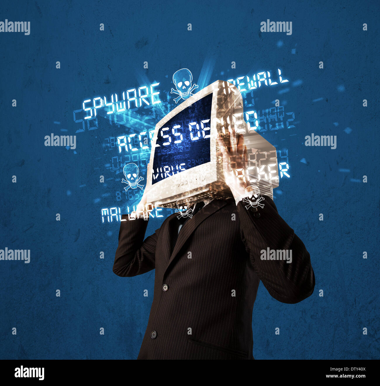 Monitor head person with hacker type of signs on the screen Stock Photo ...