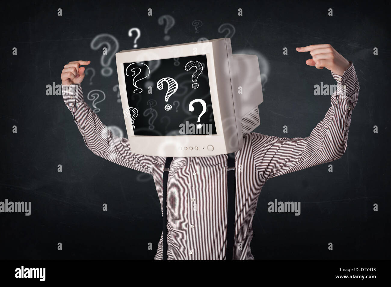 Businessman with a computer monitor head and question marks Stock Photo ...