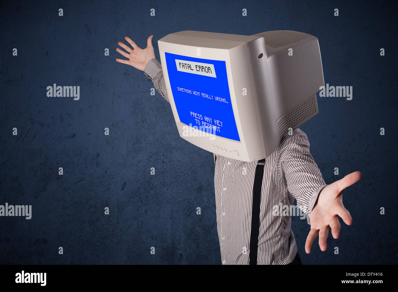 Person with a monitor head and fatal error blue screen on the display ...