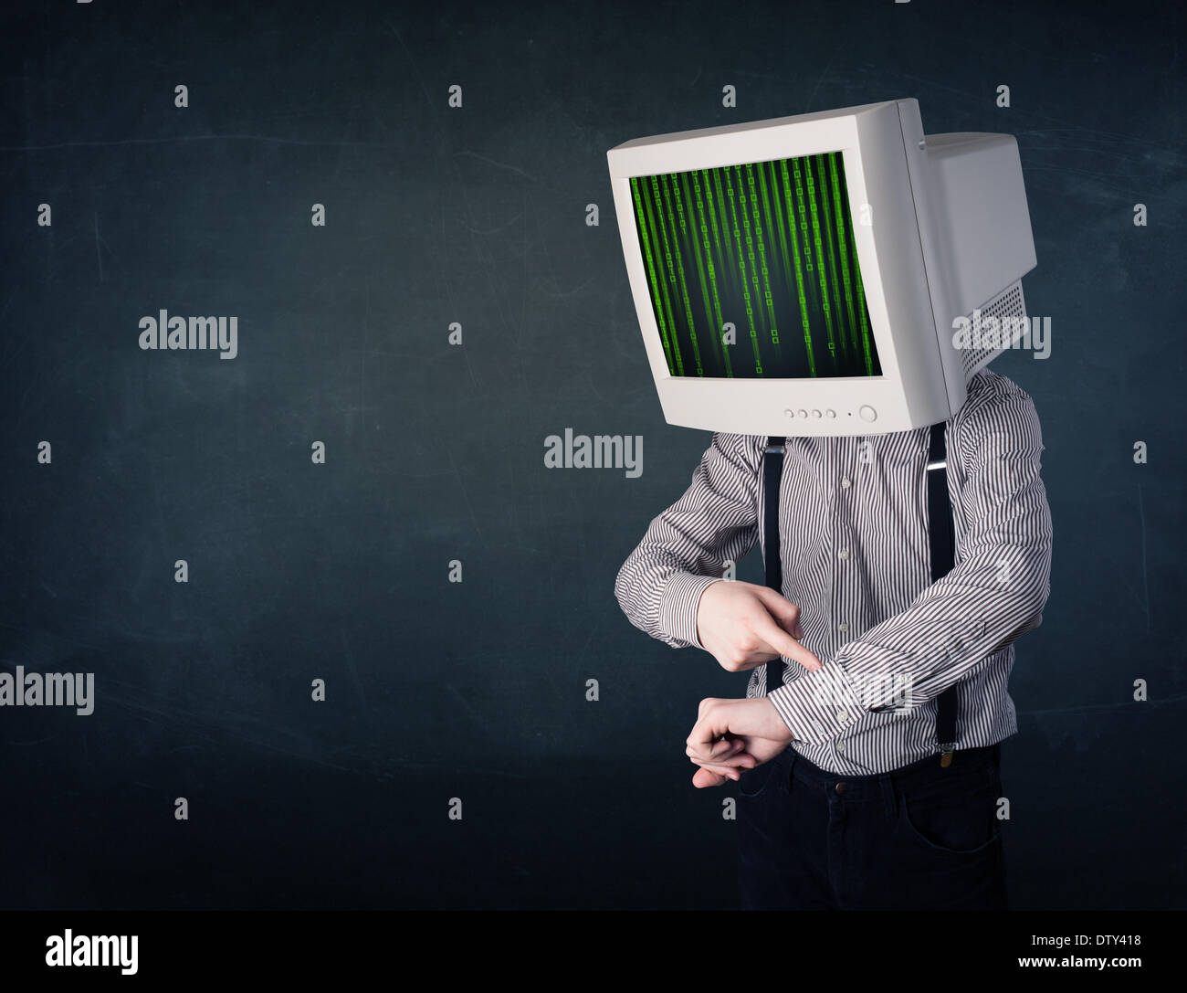 Cyber human with a monitor screen and computer code on the display ...