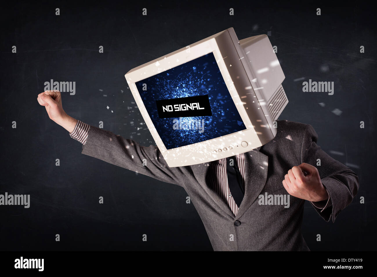Man with a monitor head, no signal sign on the display Stock Photo - Alamy