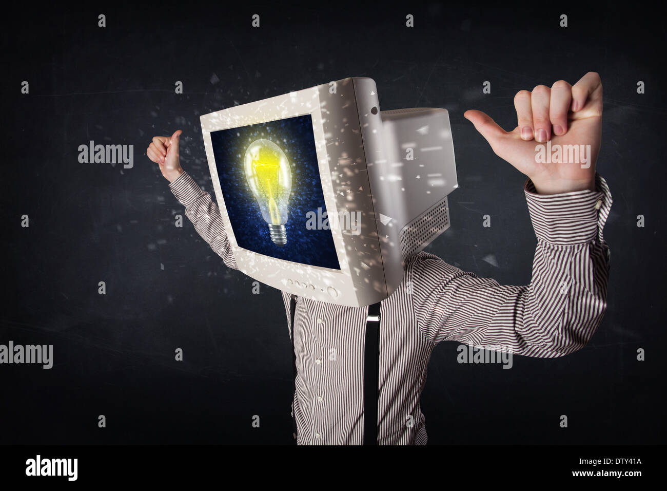 Business man with a pc monitor head and idea light bulb in the display ...