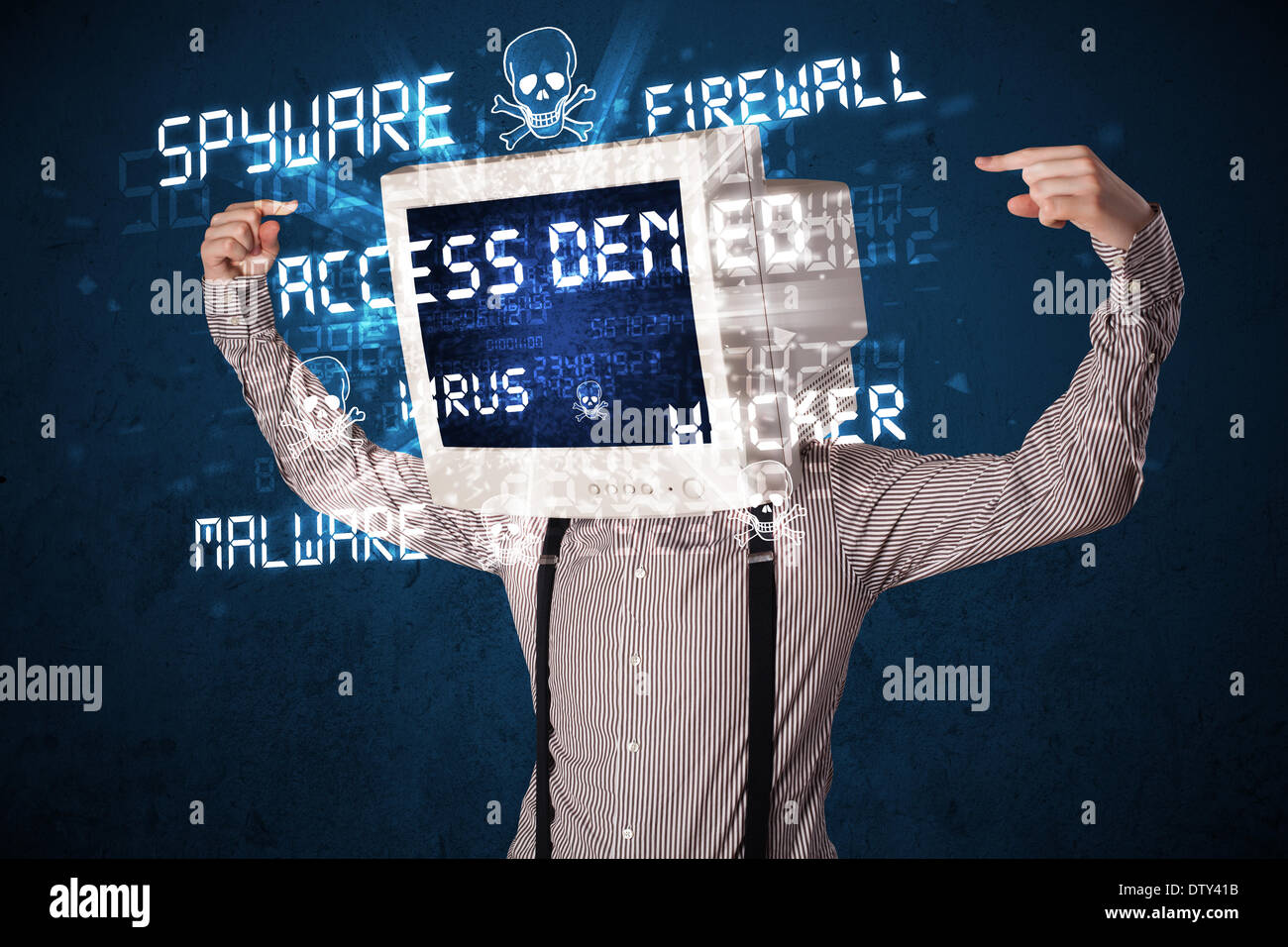 Monitor head person with hacker type of signs on the screen Stock Photo ...