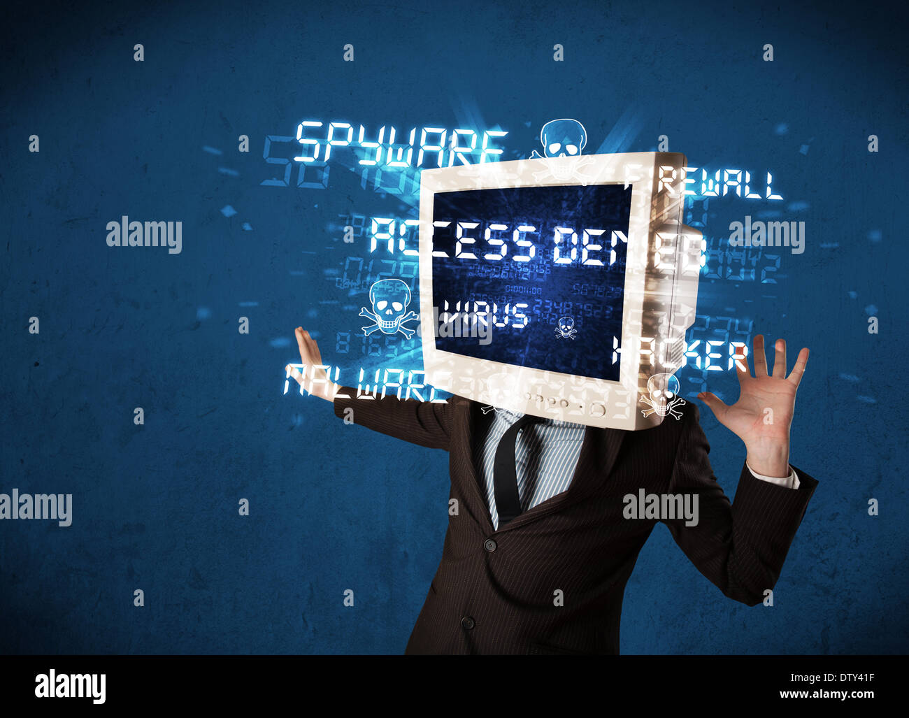 Monitor head person with hacker type of signs on the screen Stock Photo ...