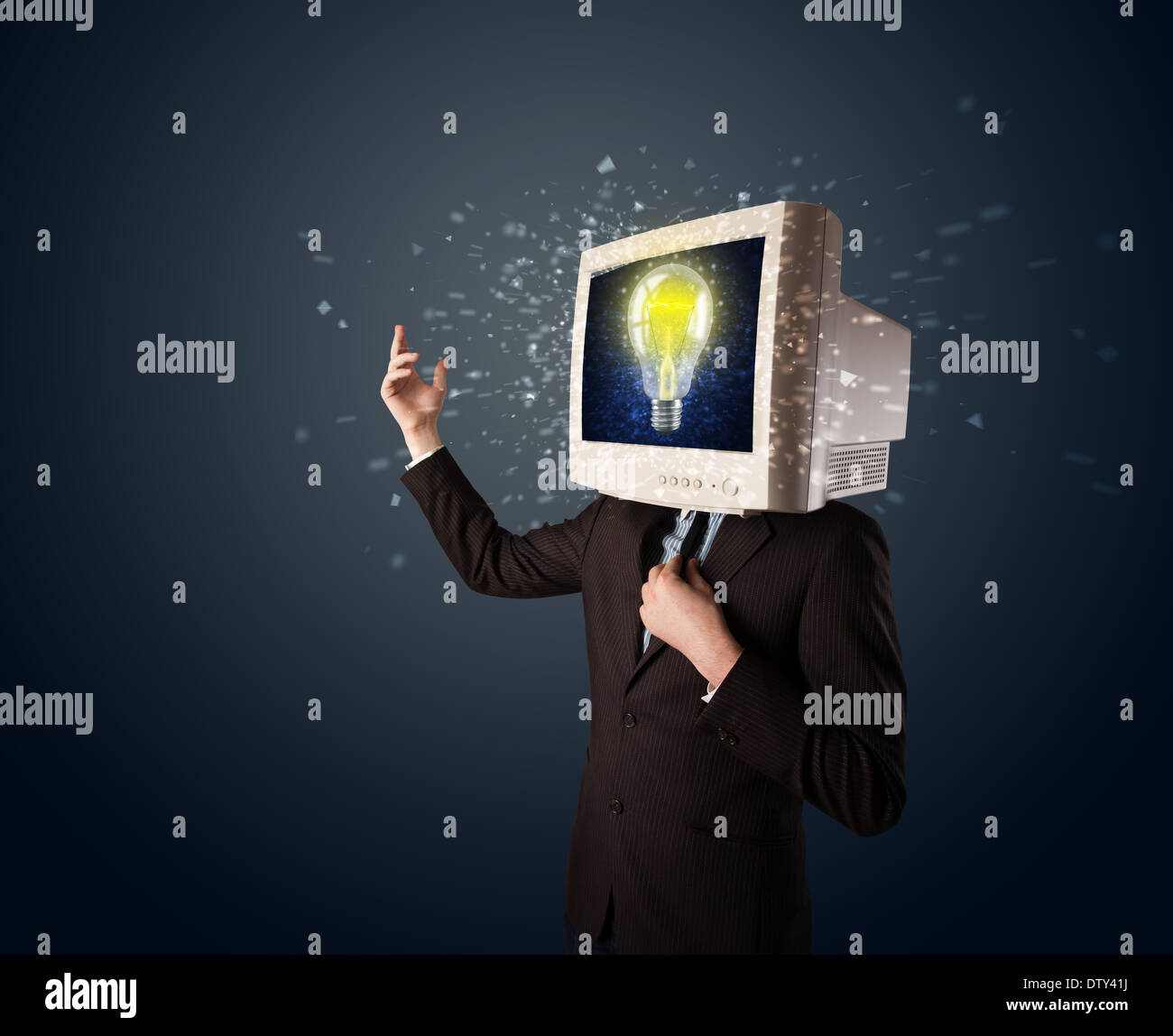 Business man with a pc monitor head and idea light bulb in the display ...