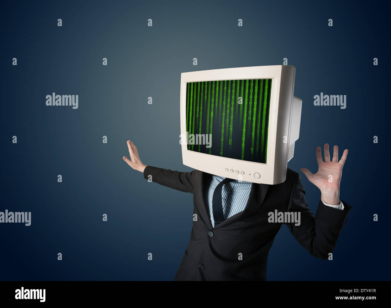 Cyber human with a monitor screen and computer code on the display ...