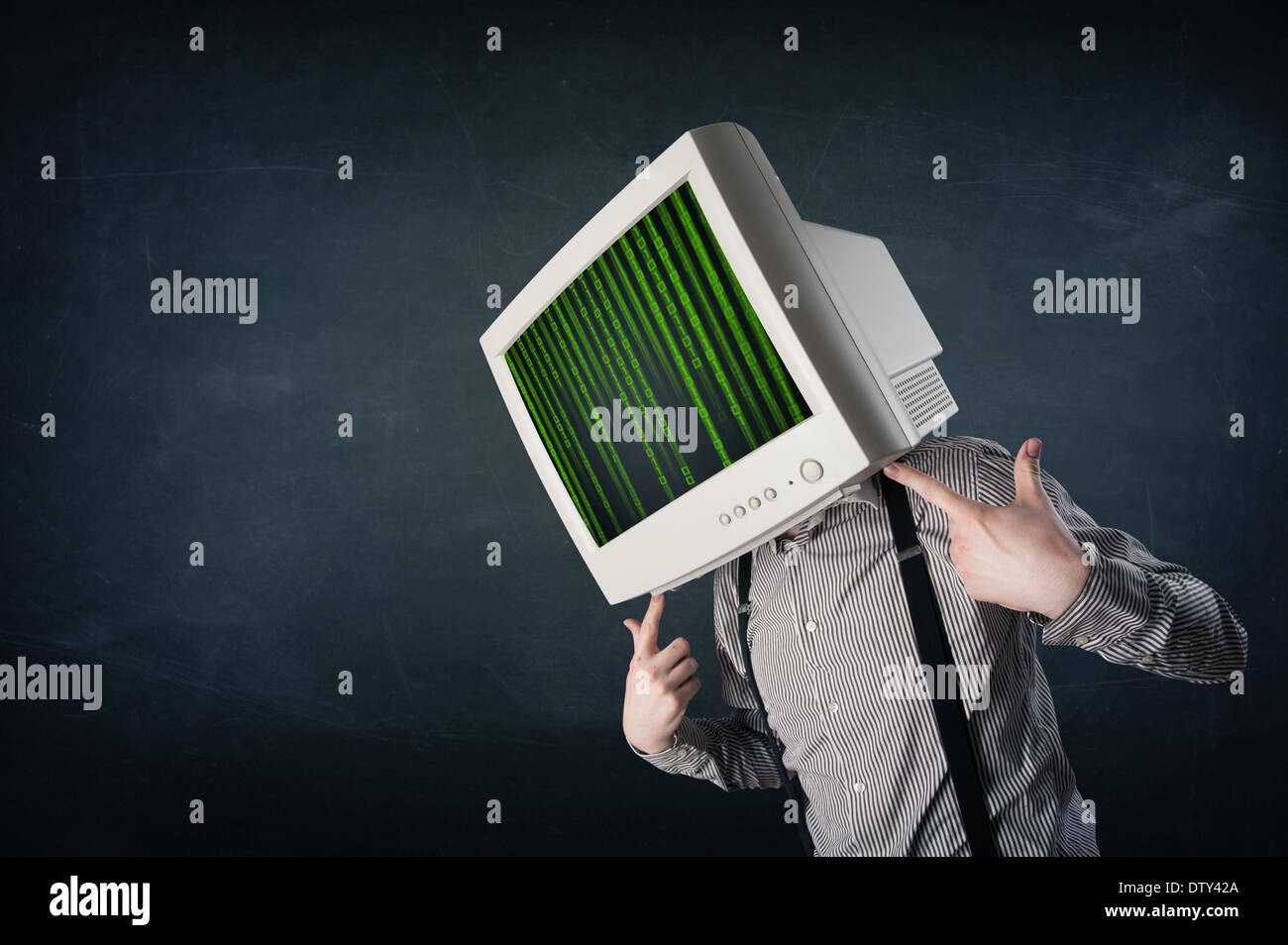 Cyber human with a monitor screen and computer code on the display ...