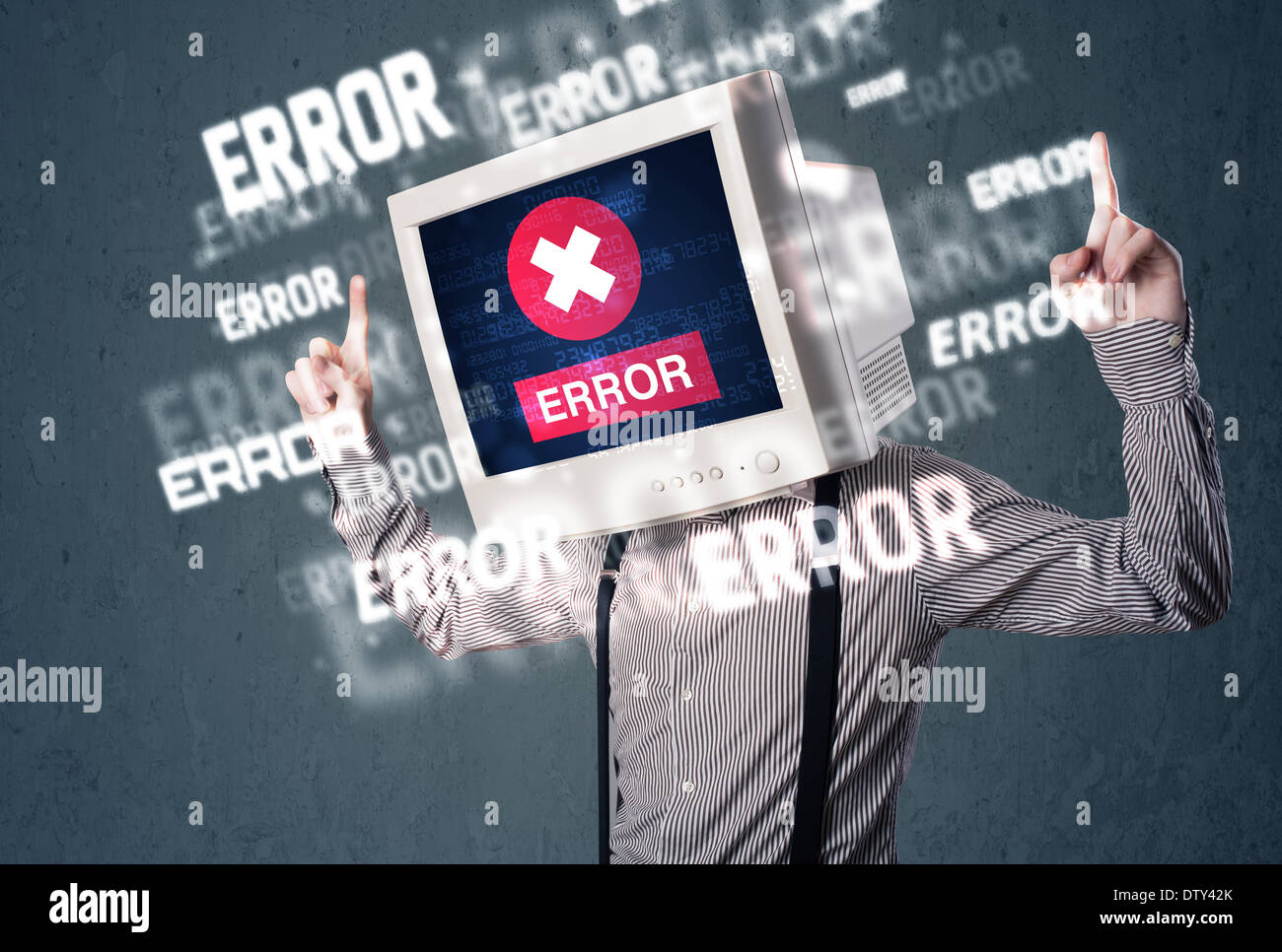 Business man with pc monitor on his head and error messages on the ...