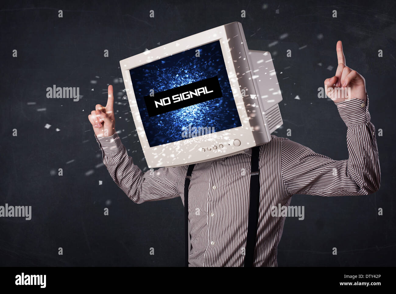 Man with a monitor head, no signal sign on the display Stock Photo - Alamy