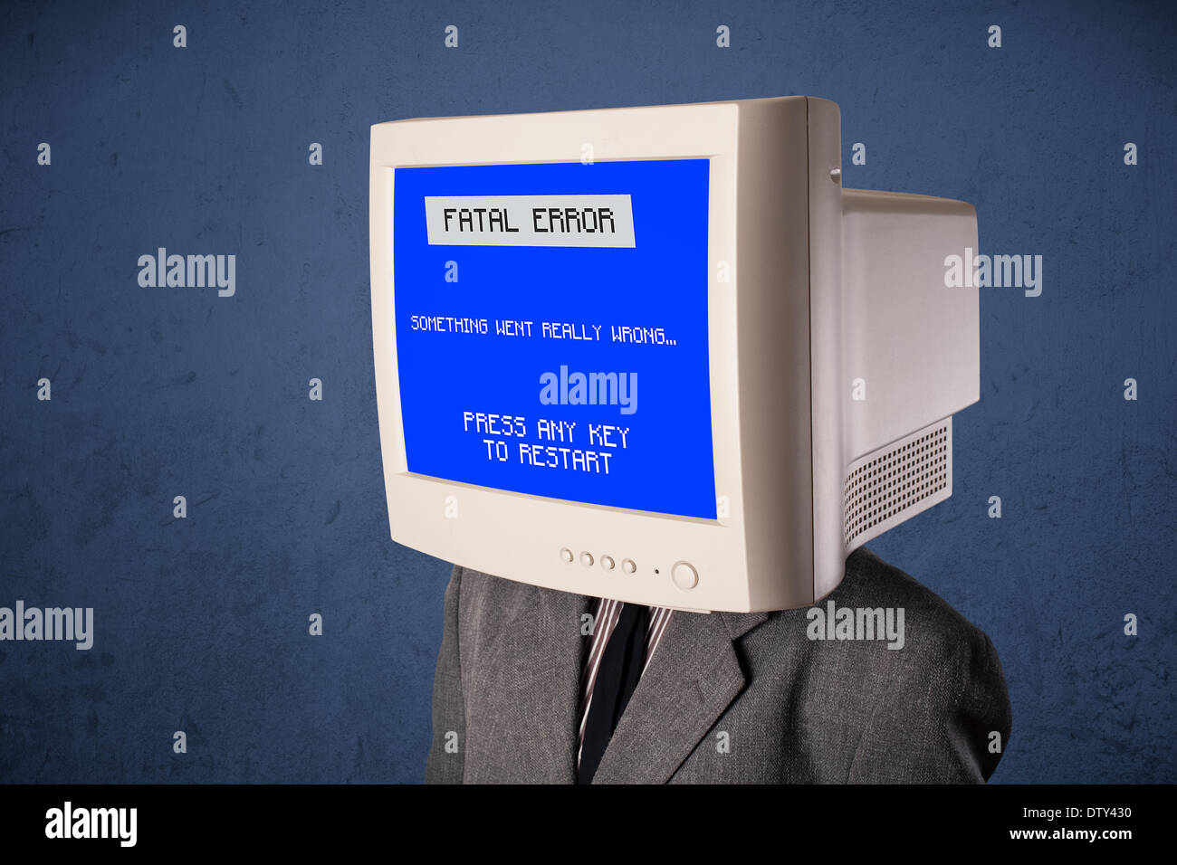 Person with a monitor head and fatal error blue screen on the display Stock Photo - Alamy