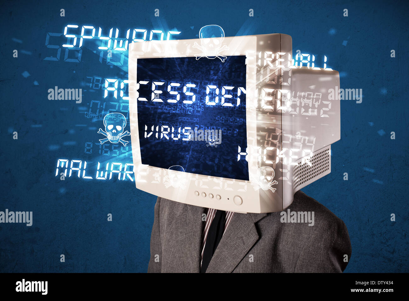 Monitor head person with hacker type of signs on the screen Stock Photo ...
