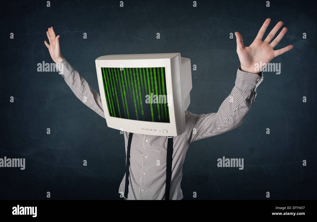 Cyber human with a monitor screen and computer code on the display ...