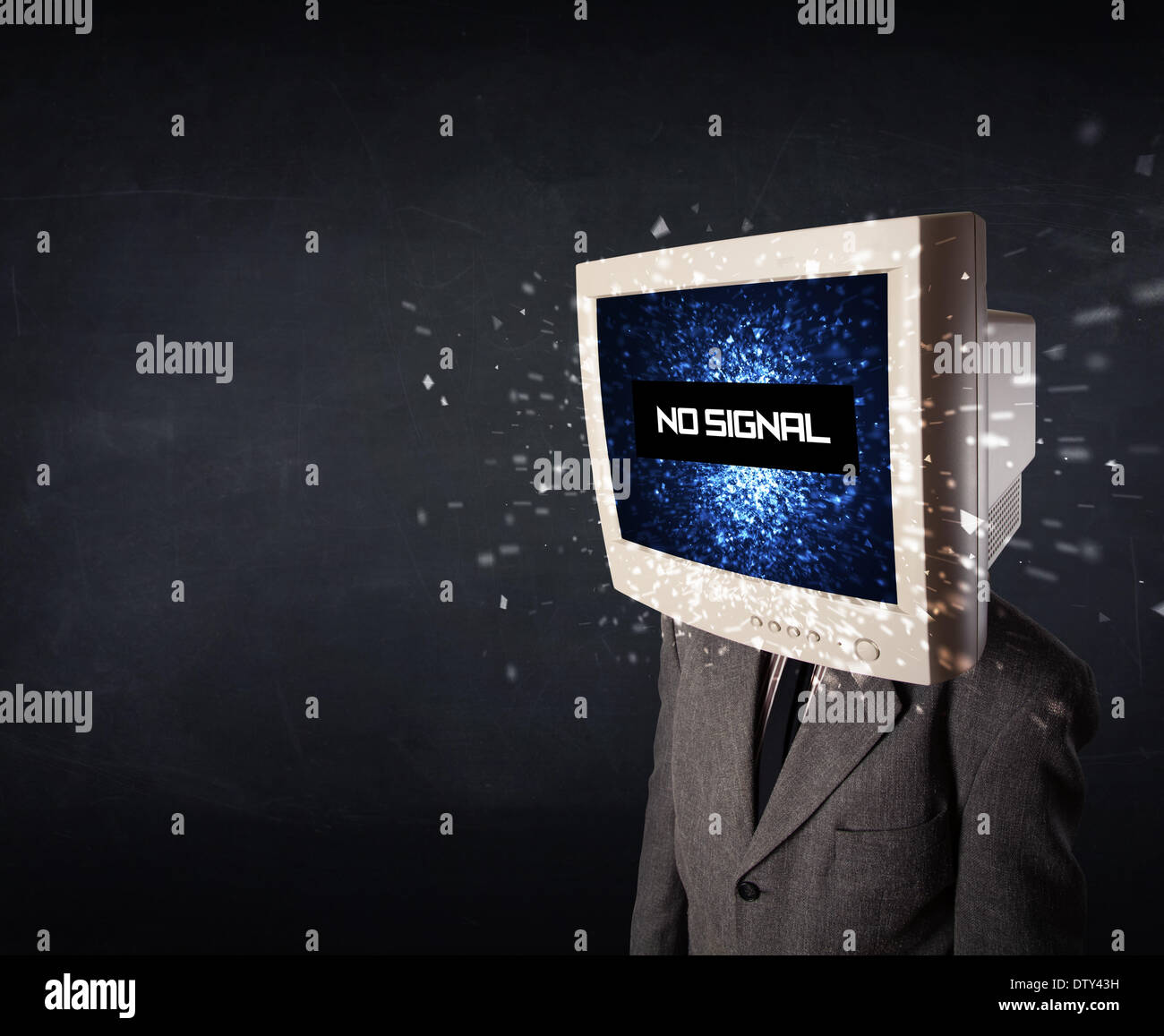 Man with a monitor head, no signal sign on the display Stock Photo - Alamy