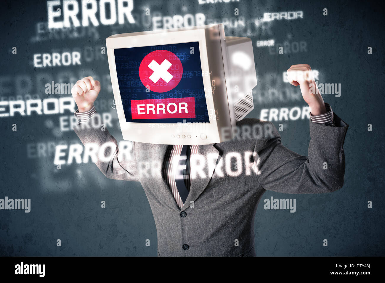 Business man with pc monitor on his head and error messages on the ...