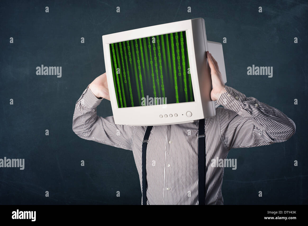 Cyber human with a monitor screen and computer code on the display ...