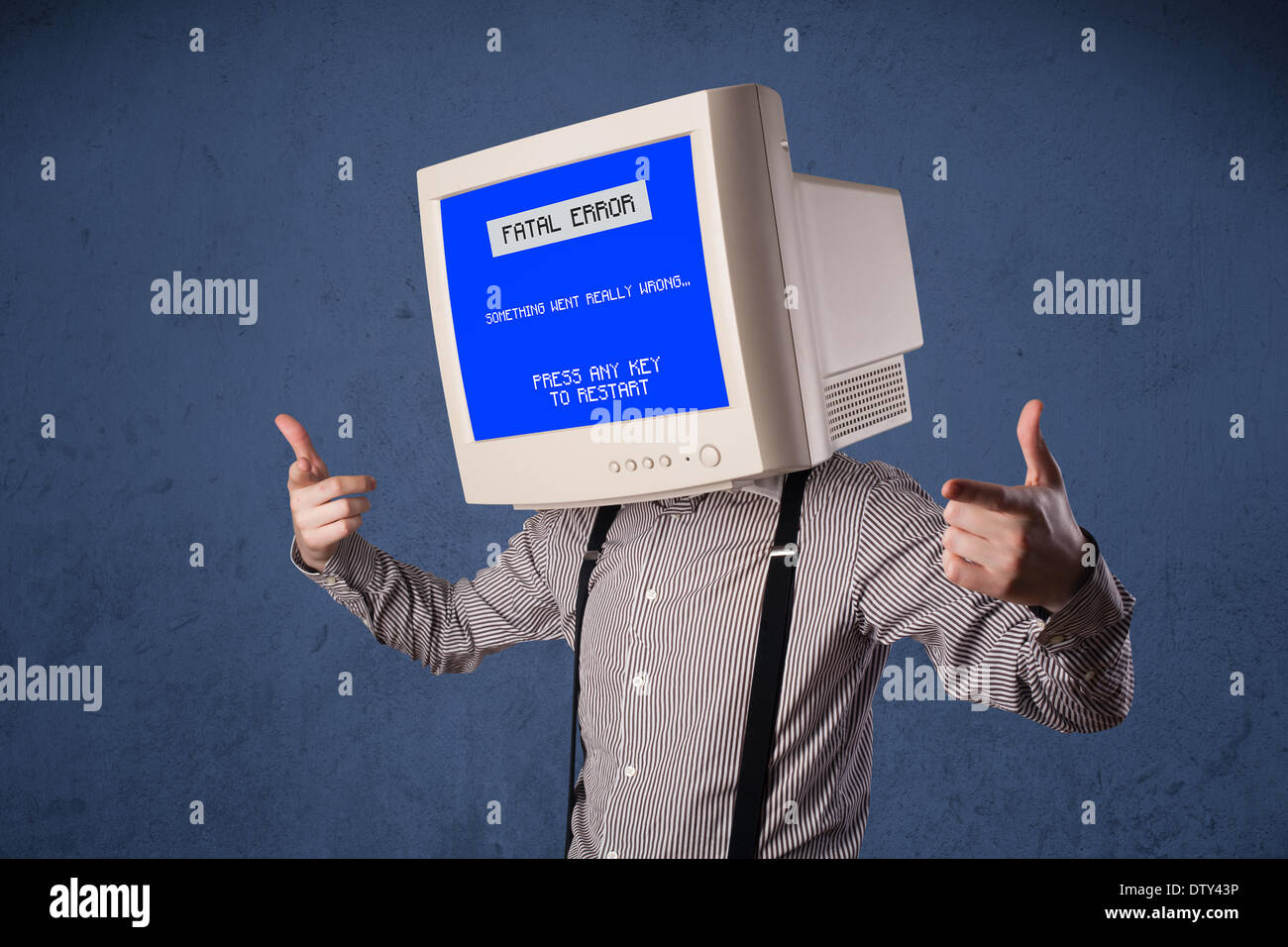 Person with a monitor head and fatal error blue screen on the display ...