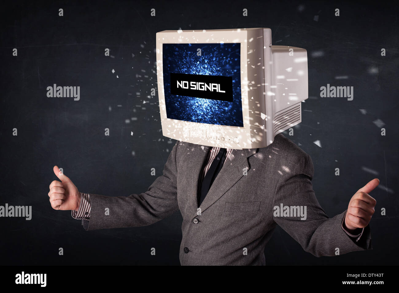Man with a monitor head, no signal sign on the display Stock Photo - Alamy