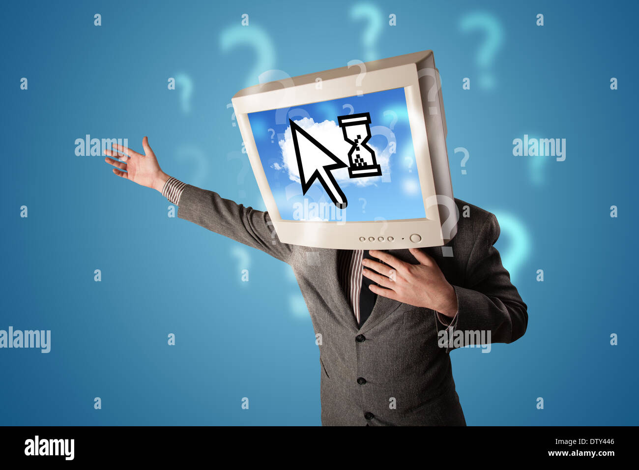 Person with a monitor head and cloud based technology on the screen ...