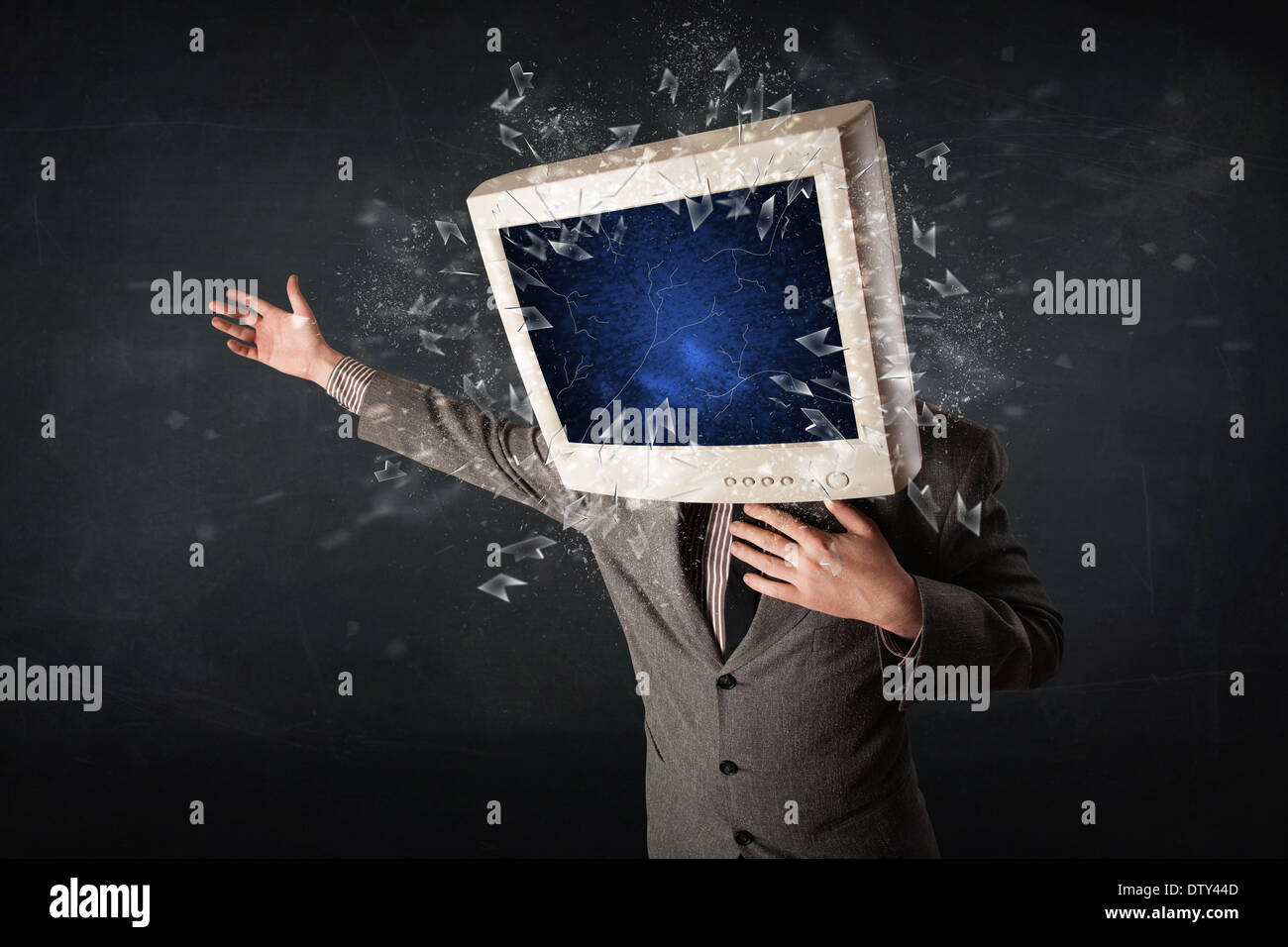 Computer monitor screen exploding on a young persons head Stock Photo ...