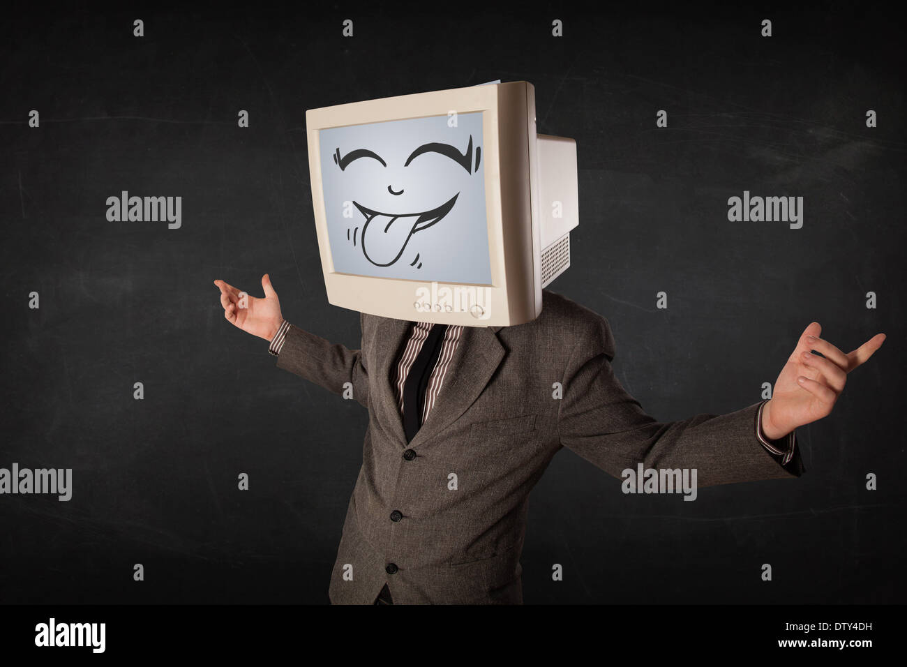 Happy business man with a computer monitor and a smiley face Stock ...
