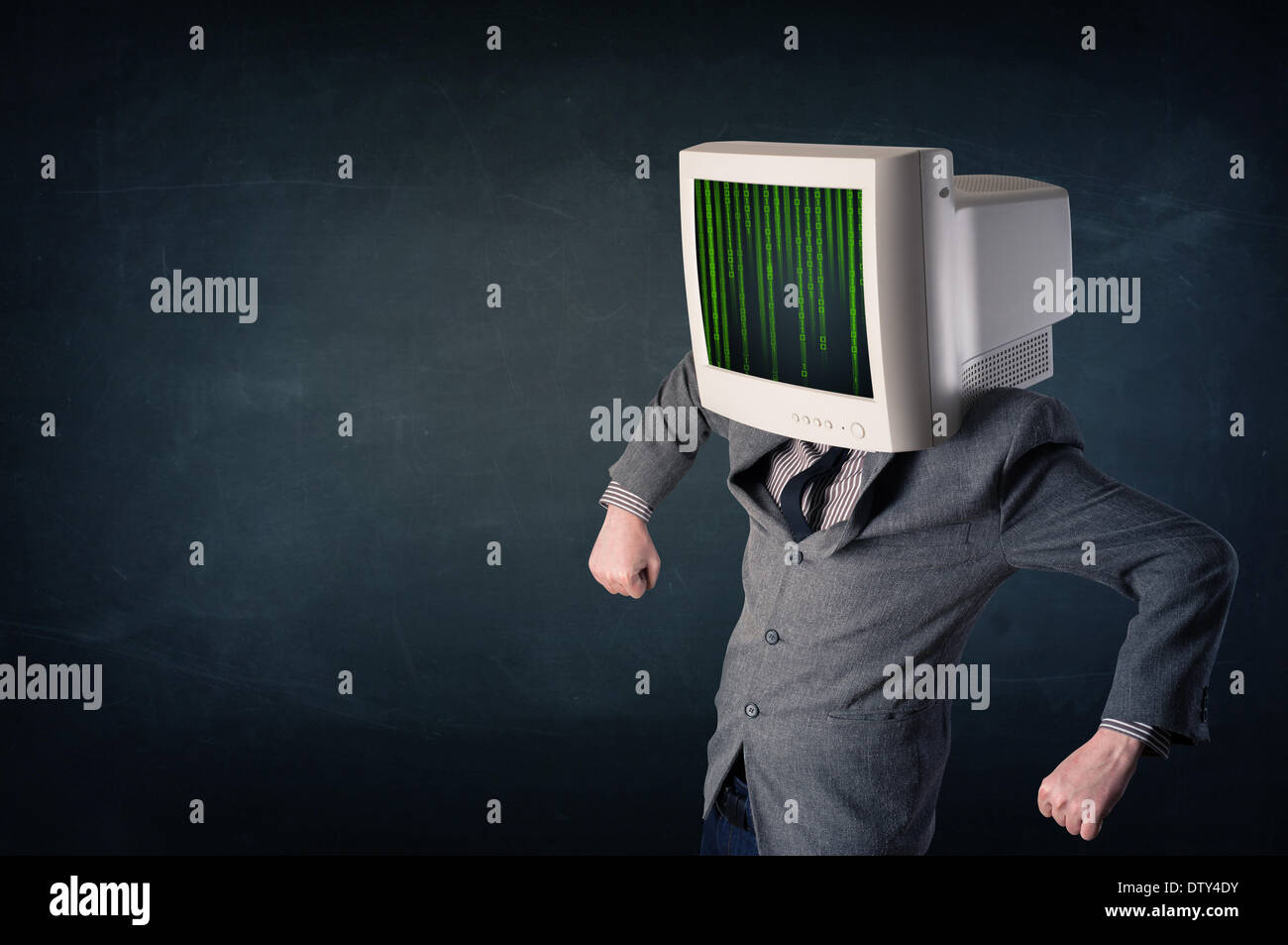 Cyber human with a monitor screen and computer code on the display ...