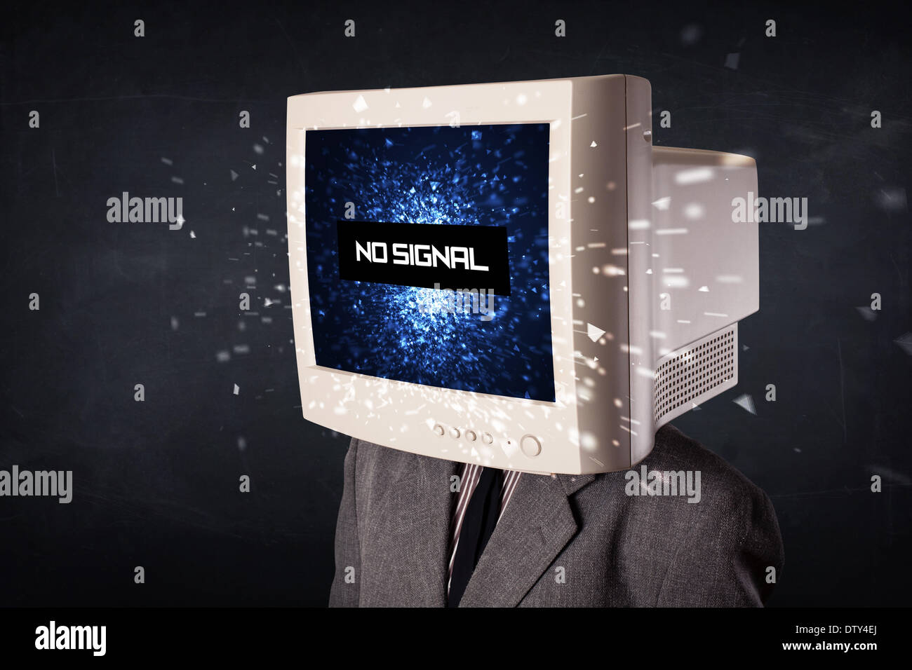 Man with a monitor head, no signal sign on the display Stock Photo - Alamy