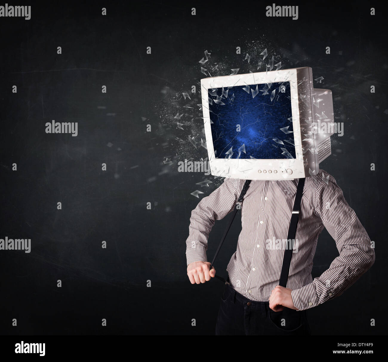 Computer monitor screen exploding on a young persons head Stock Photo ...