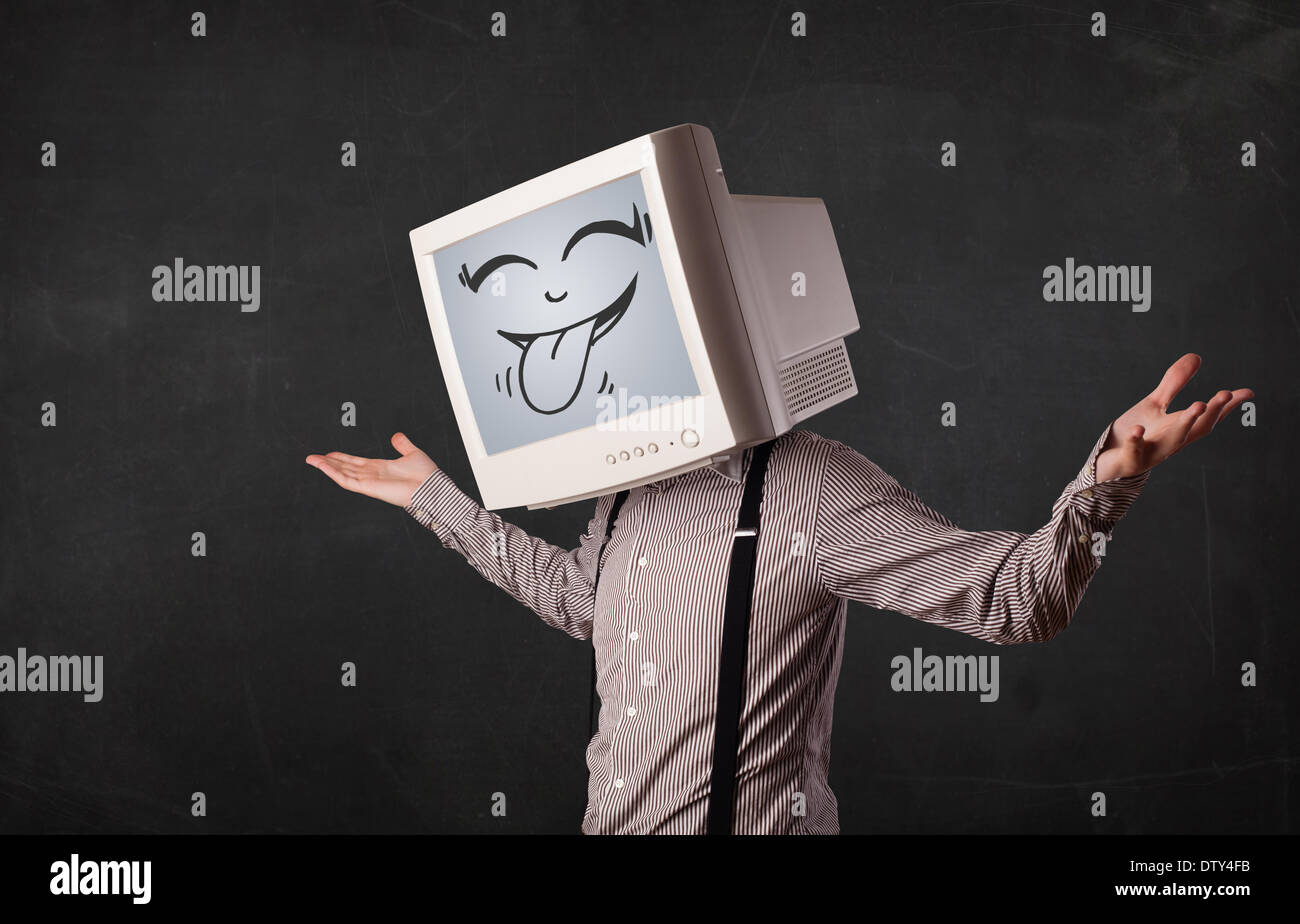 Happy business man with a computer monitor and a smiley face Stock ...