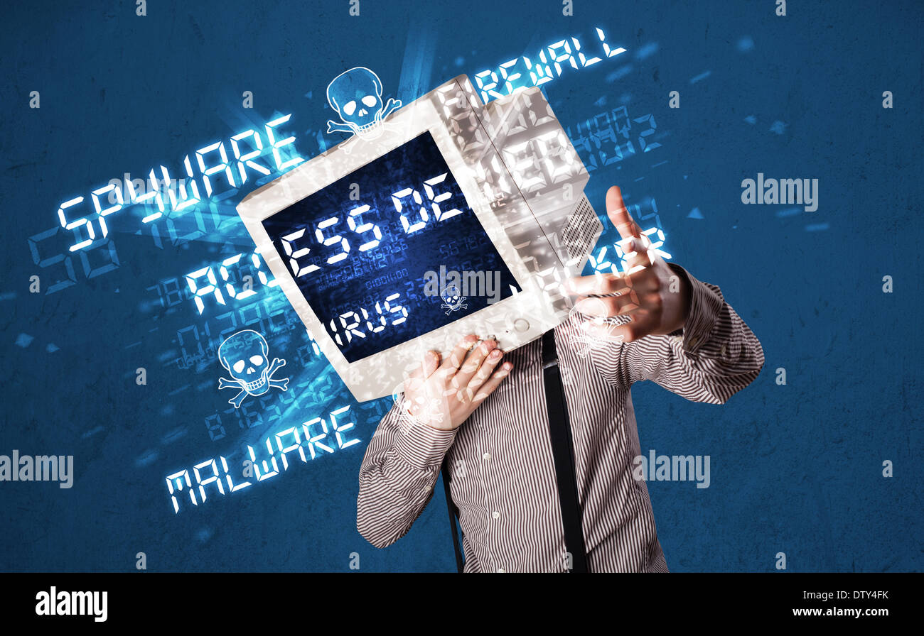Monitor head person with hacker type of signs on the screen Stock Photo ...