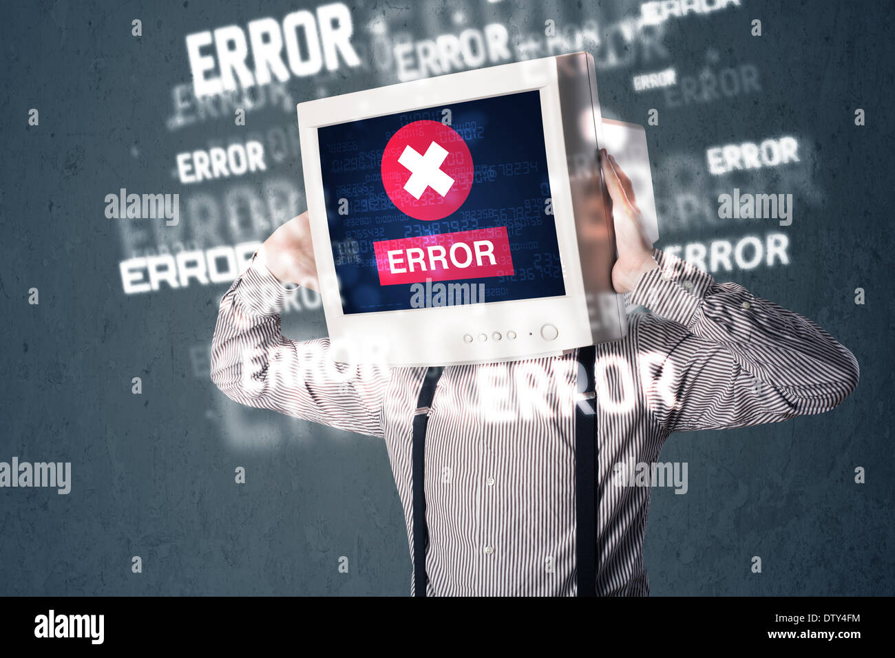 Business man with pc monitor on his head and error messages on the ...