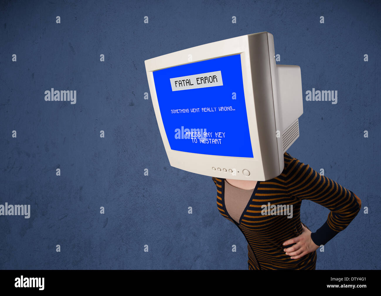 Person with a monitor head and fatal error blue screen on the display ...