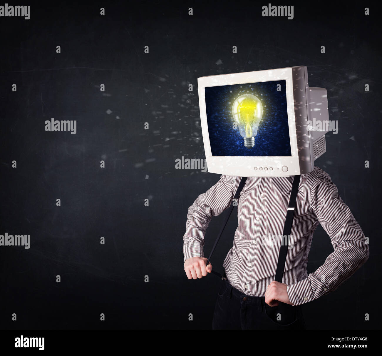 Business man with a pc monitor head and idea light bulb in the display ...
