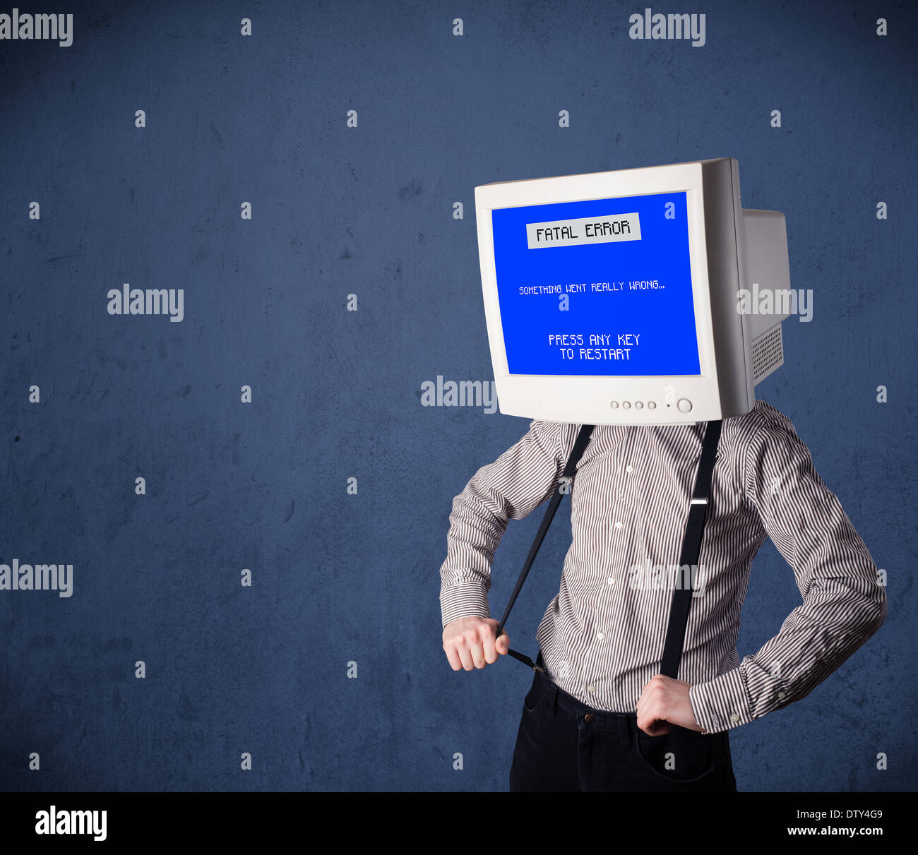 Person with a monitor head and fatal error blue screen on the display ...