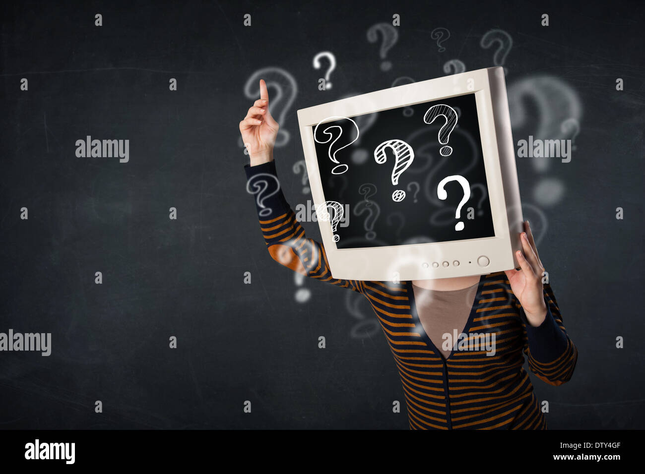 Casual woman with a pc monitor head question marks comming out Stock ...