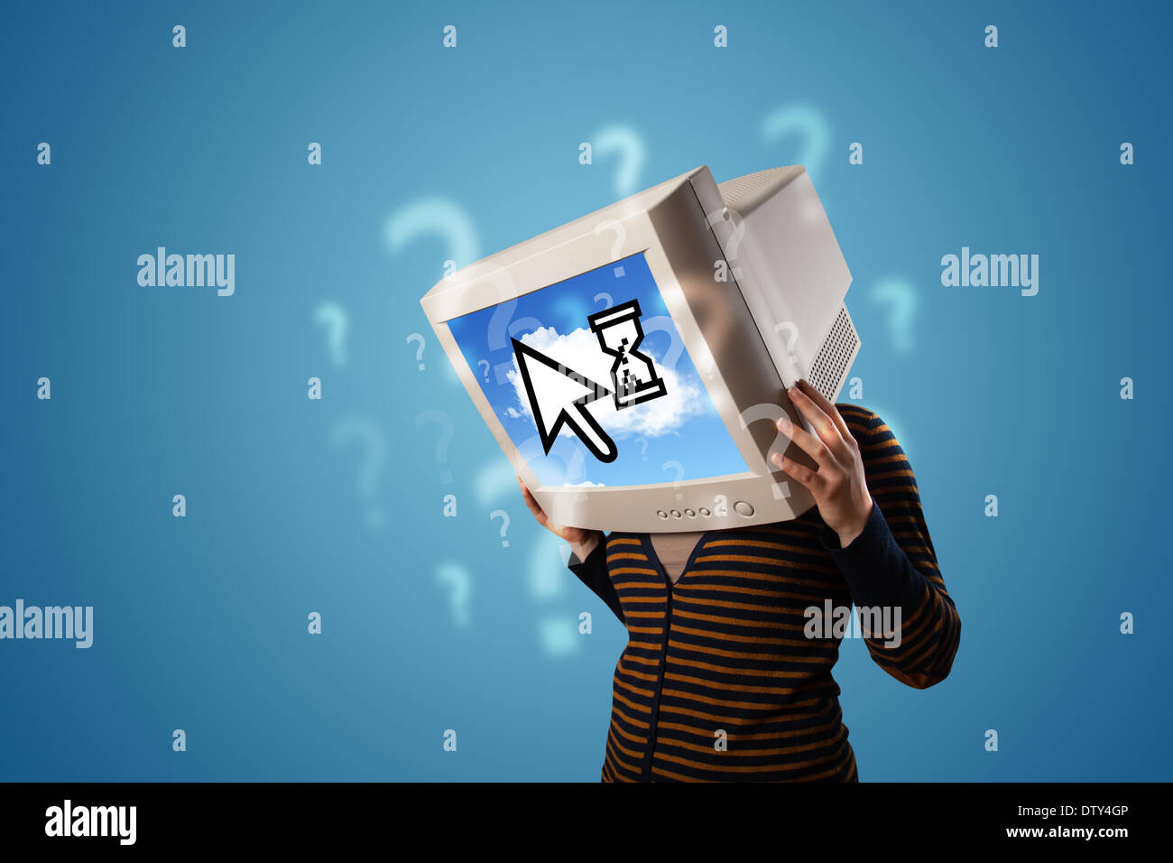 Person with a monitor head and cloud based technology on the screen ...