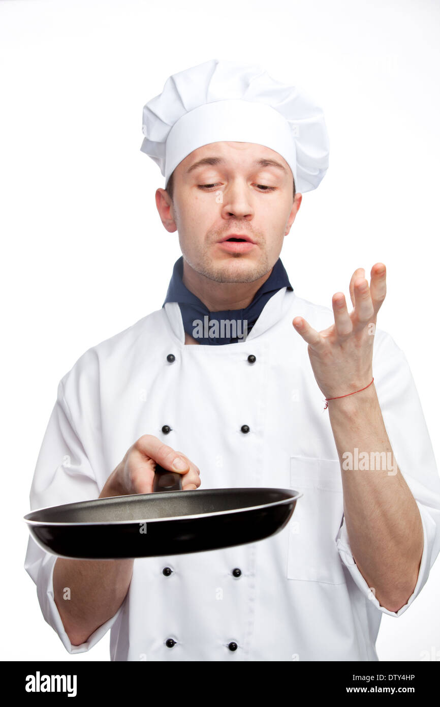chef with pan in uniform Stock Photo - Alamy