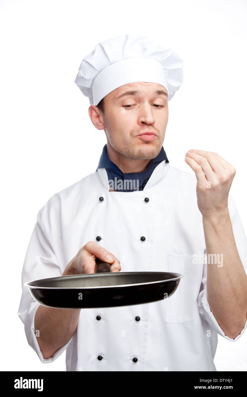 chef with pan in uniform Stock Photo - Alamy